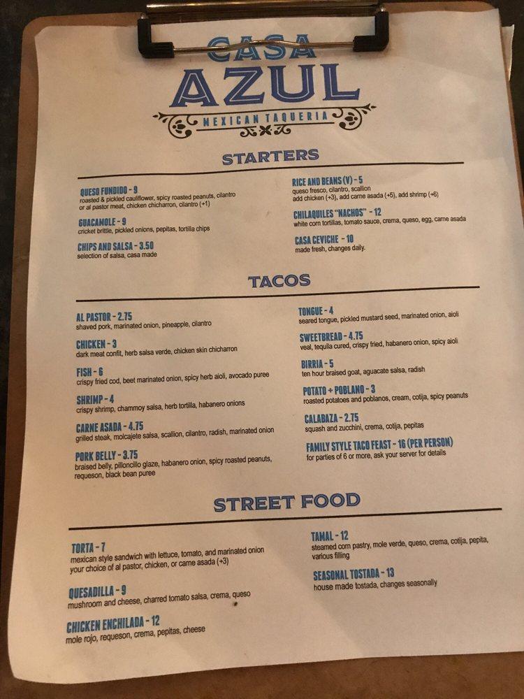 Menu at Casa Azul restaurant, Buffalo, 191 Allen St