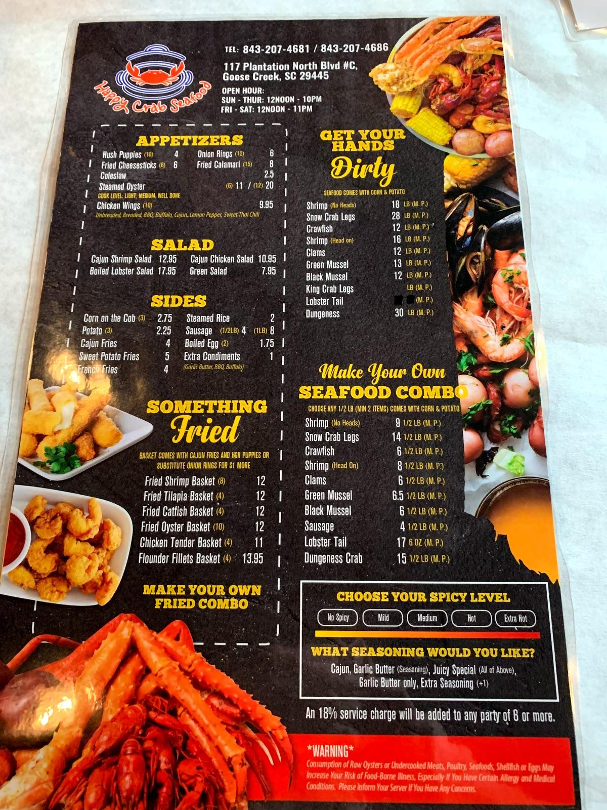 Menu at Happy crab seafood restaurant, Goose Creek