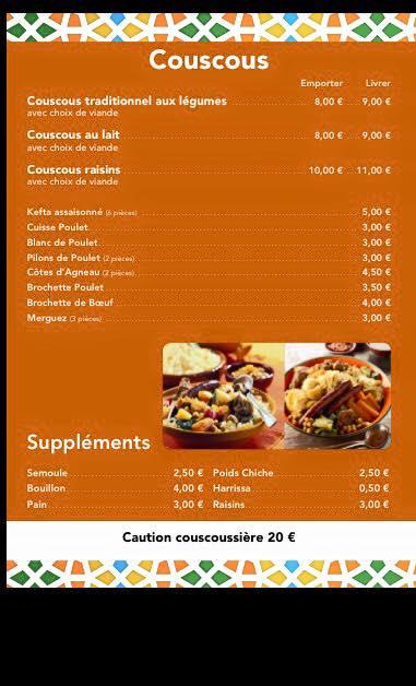 Menu at L'étoile du couscous, Namur
