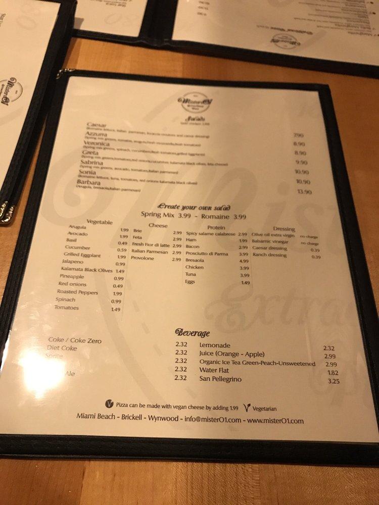 Menu at Mister O1 pizzeria, Miami Beach