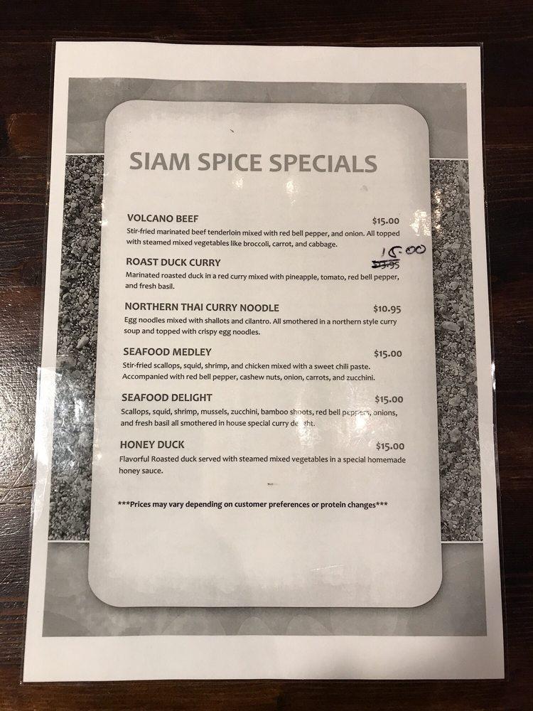Menu at Siam Spice restaurant, Longview
