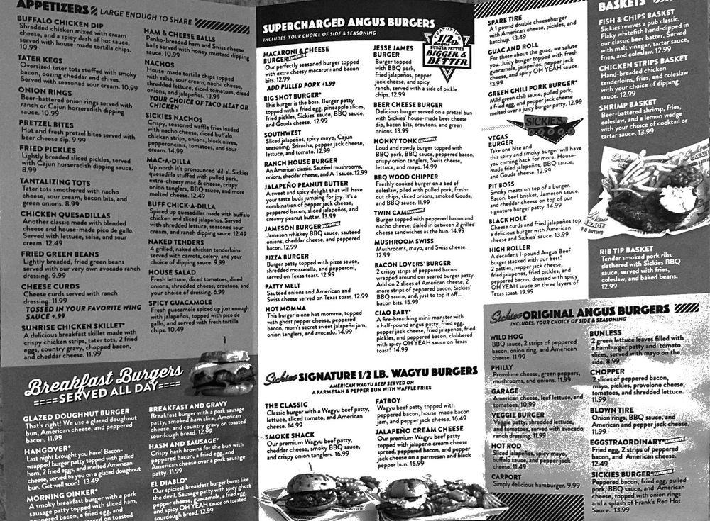 Menu at Sickies Garage Burgers & Brews restaurant, Las Vegas