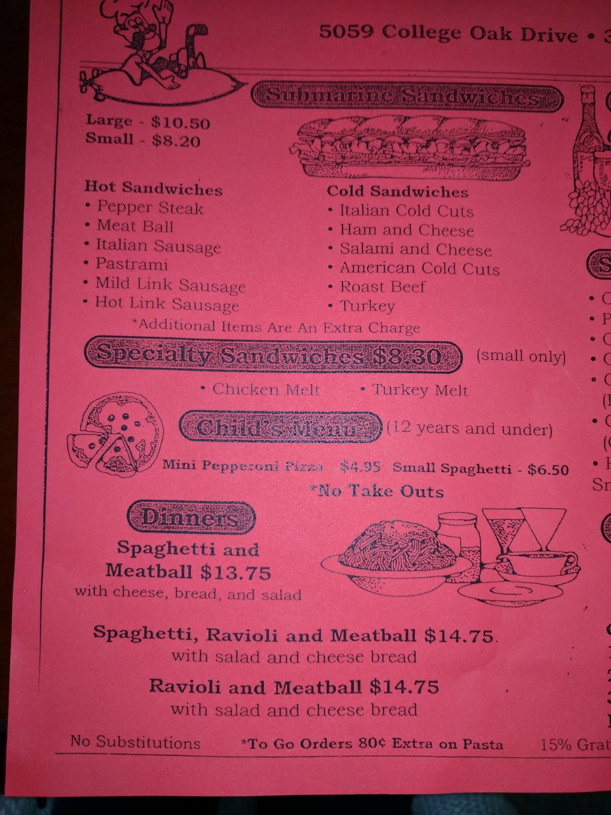 Menu at Tony Baloney's restaurant, Sacramento
