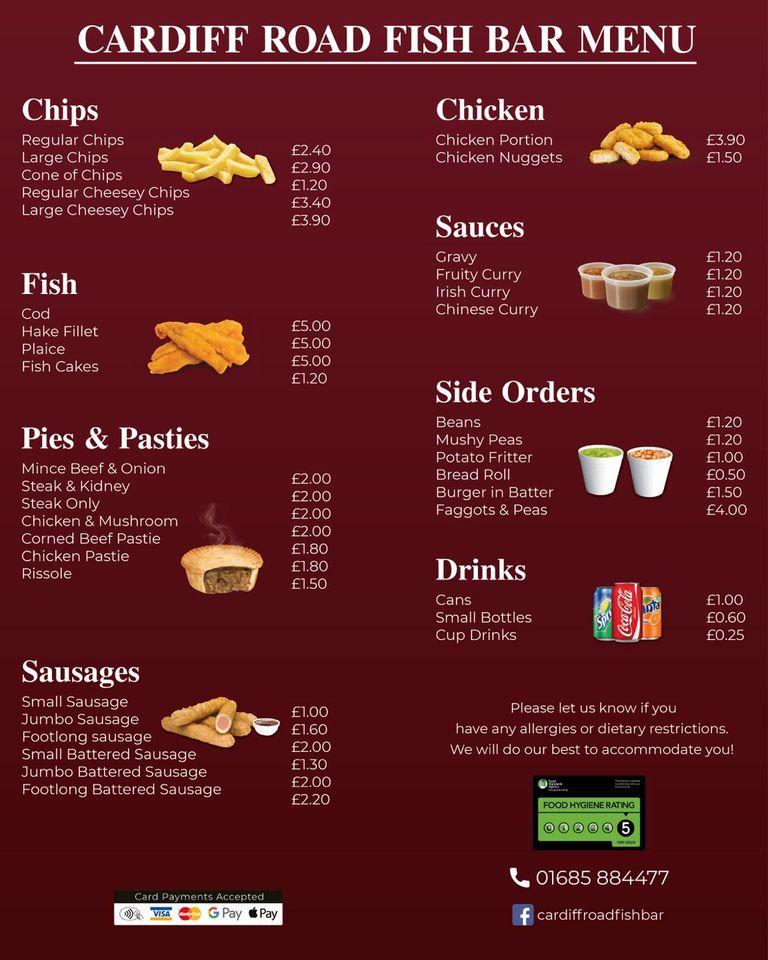 Menu at Cardiff Road Fish Bar, Aberdare