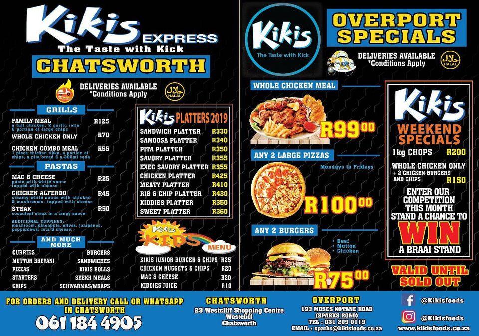Menu at Kiki's fast food, Durban, Sparks Road