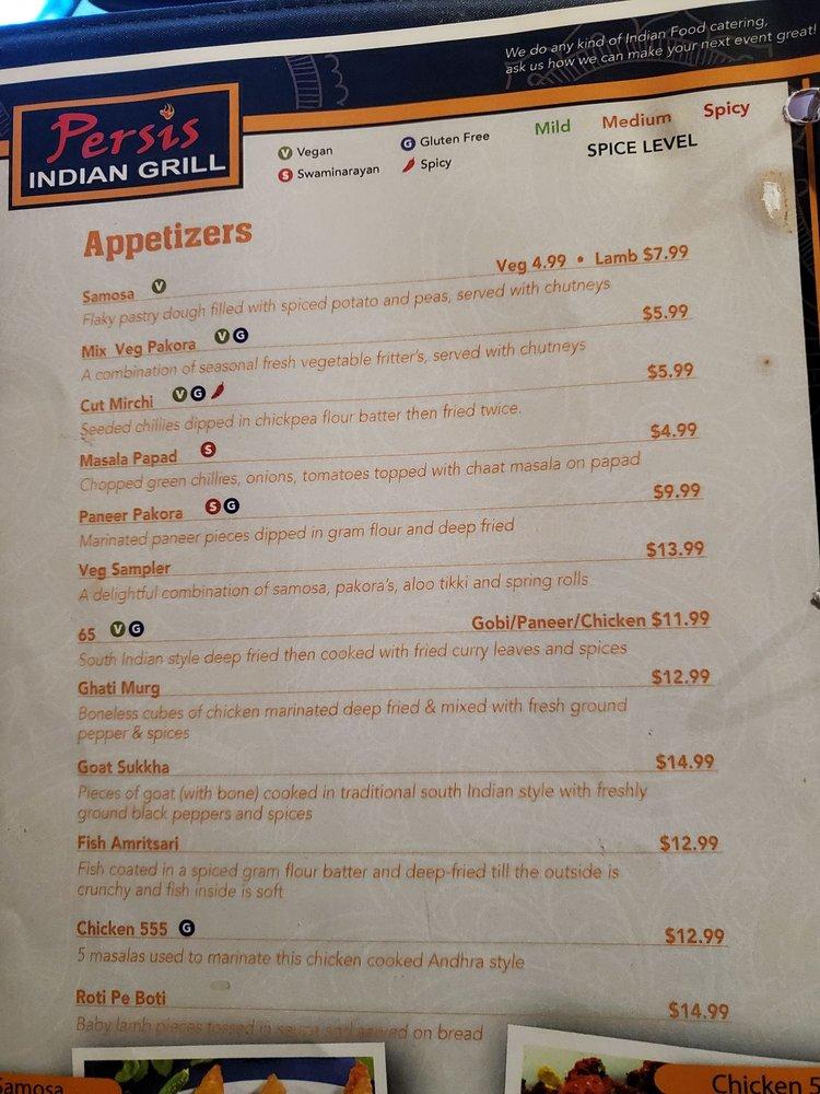 Menu at Persis Indian Grill & Bar, Augusta