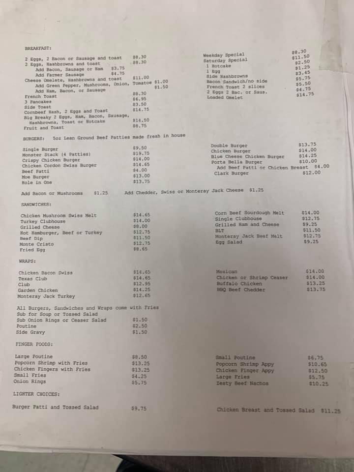 Menu at Roshell's Restaurant, Vanderhoof