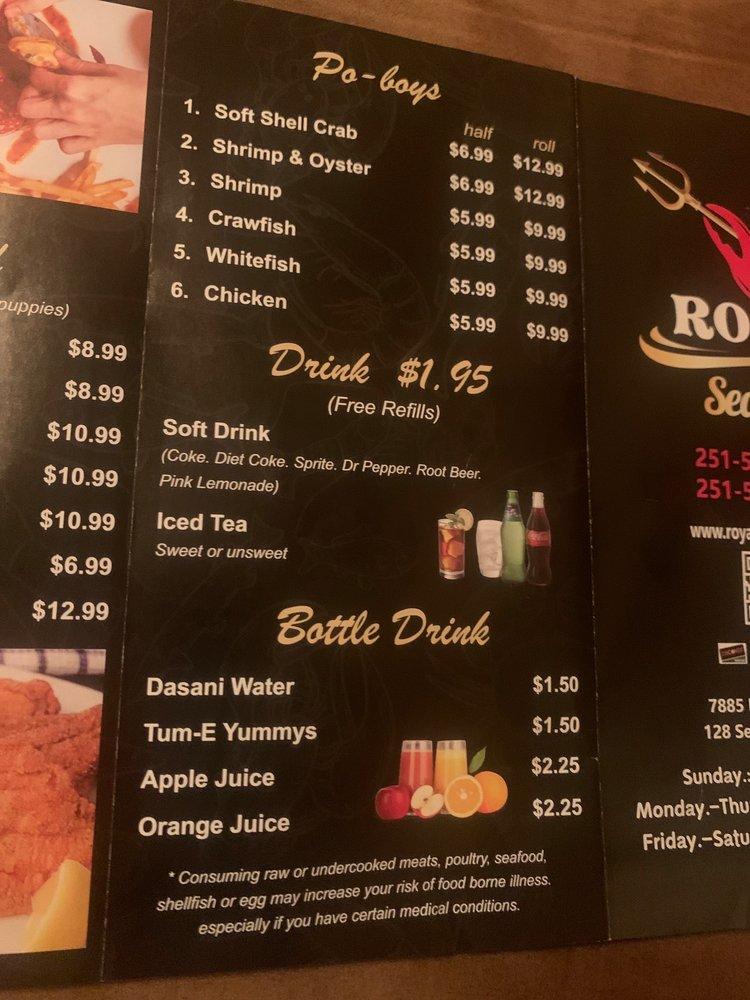 Menu at Royal Seafood restaurant, Semmes