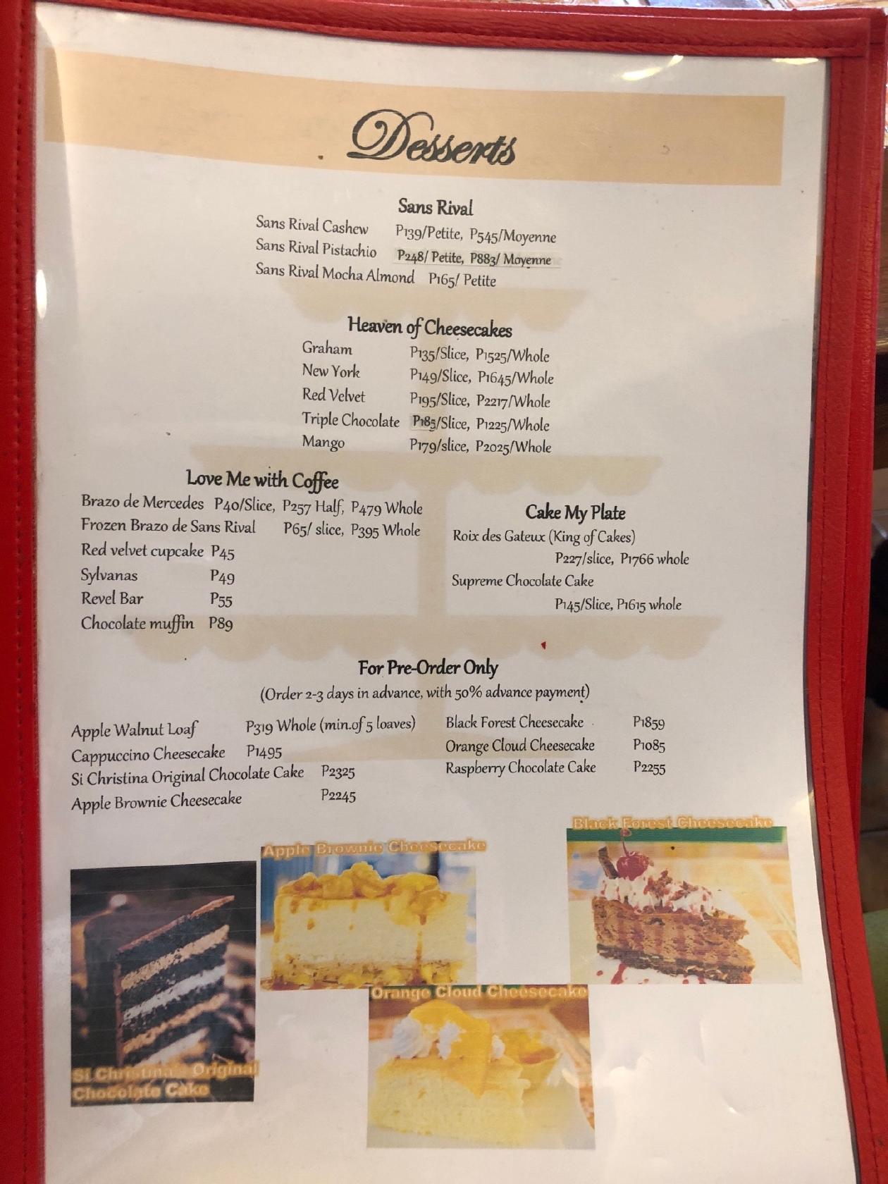 Menu at Si Christina Gateau Sans Rival restaurant, San Pablo City