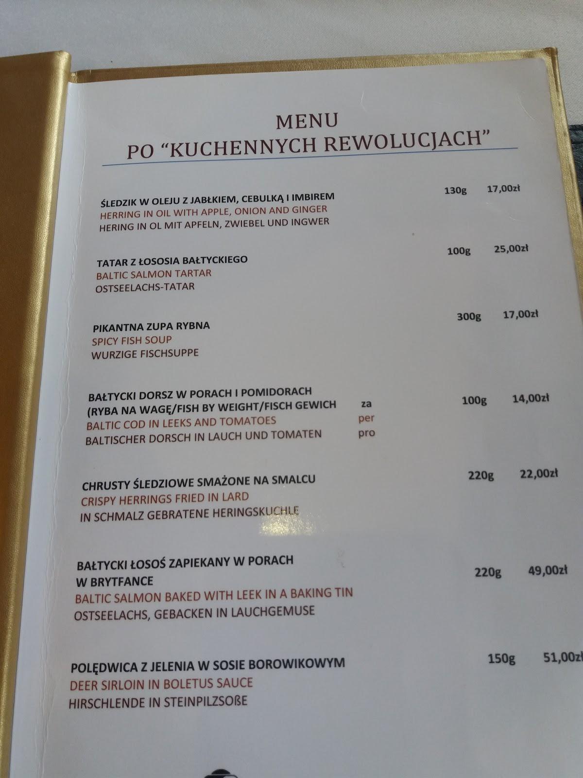 Menu at Tawerna Dominikańska restaurant, Gdańsk