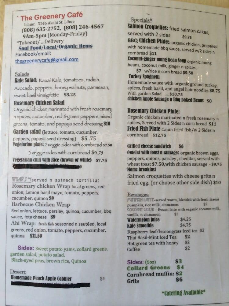 Menu at The Greenery Cafe, Lihue