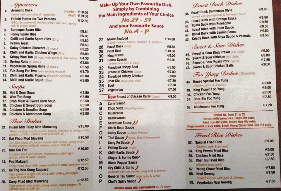 Menu at Enfield Chinese Restaurant, Ireland