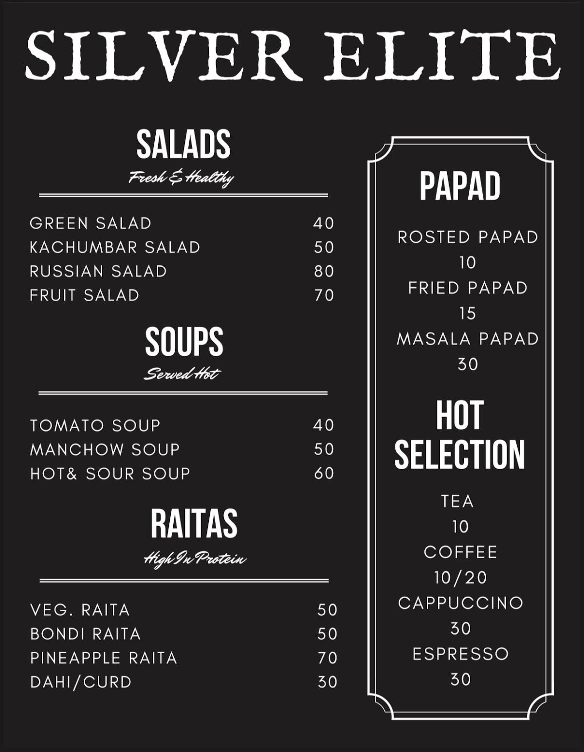 Menu at Silver Elite, Bari Sadri