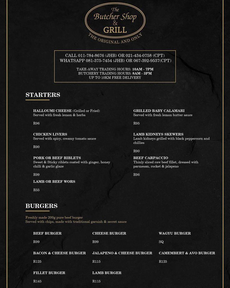 Menu at The Butcher Shop & Grill steakhouse, Cape Town, 125 Beach Rd