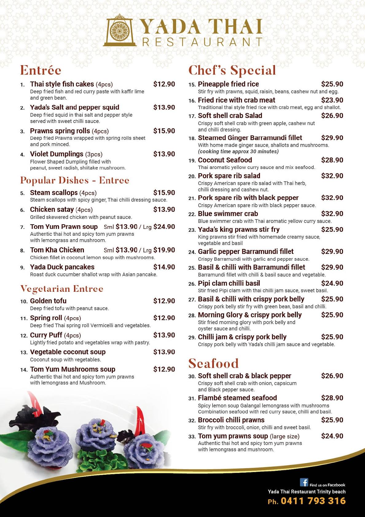 Menu at YADA Thai Restaurant Trinity Beach, Trinity Beach