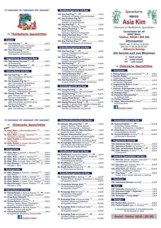 Menu au Asia Kim restaurant, Biblis