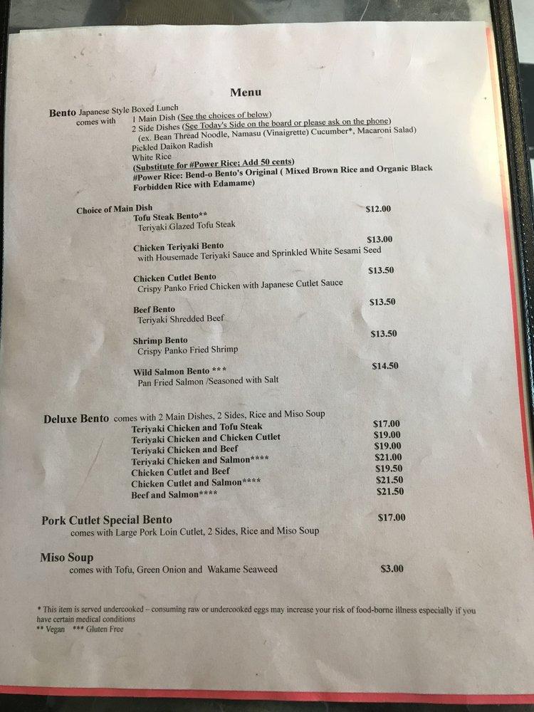 Menu at Bend-O Bento Japanese Kitchen restaurant, Bend