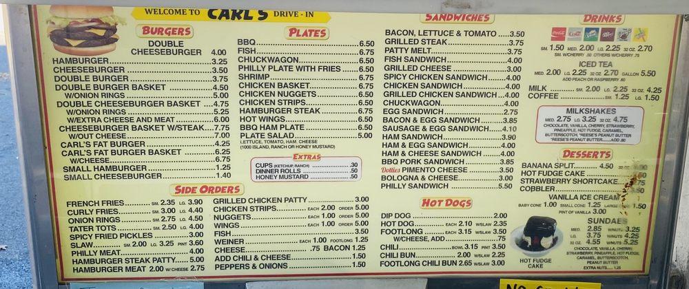 Menu at Carl's Drive In restaurant, Loudon, E Lee Hwy