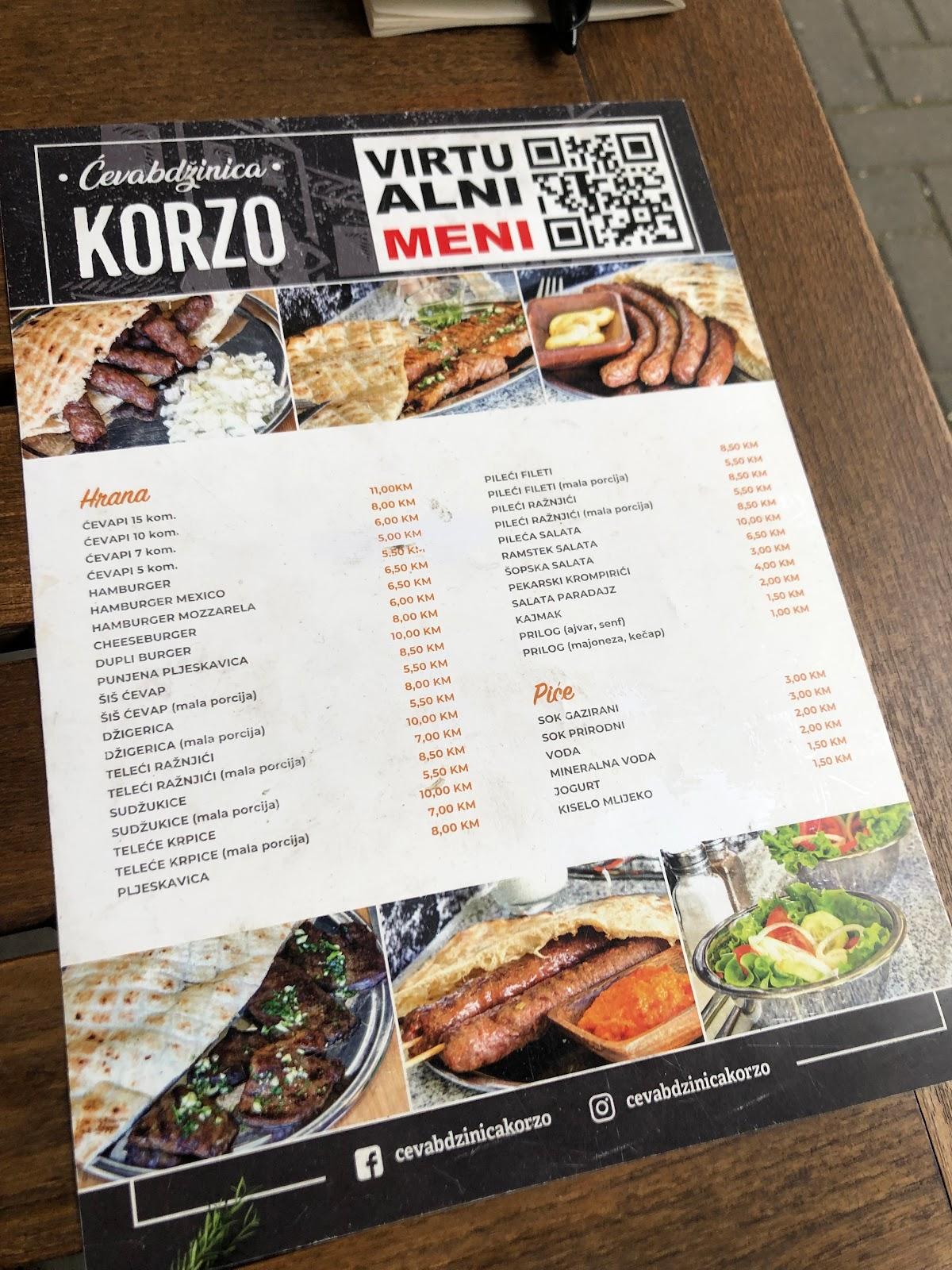 Menu at Ćevabdžinica KORZO restaurant, Mostar