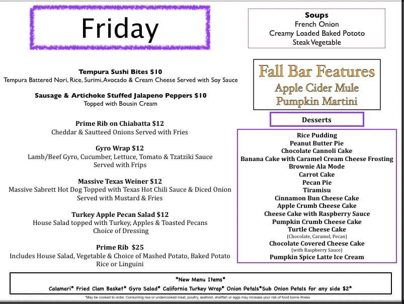 Menu at Cora's 1850 Bistro restaurant, Hawley, 525 Welwood Ave