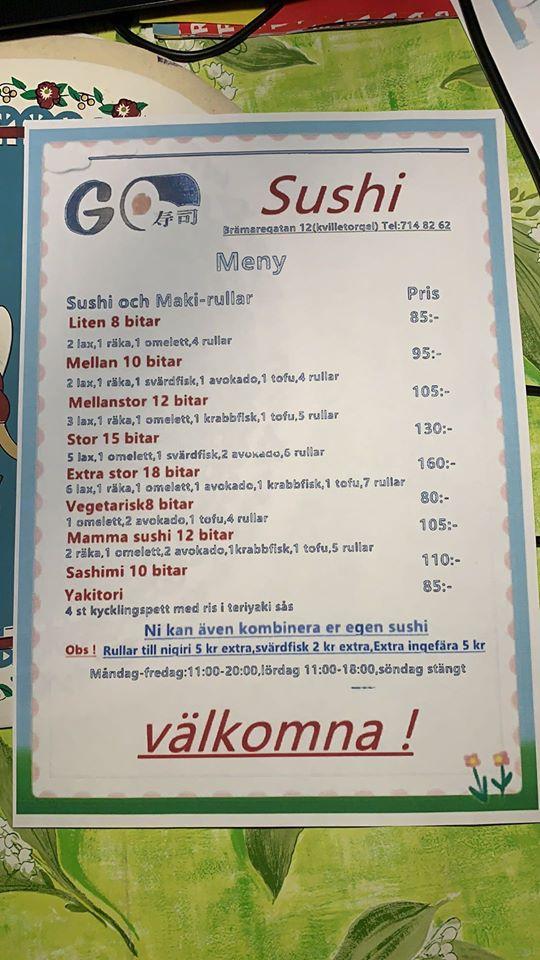Menu at GO Sushi restaurant, Gothenburg