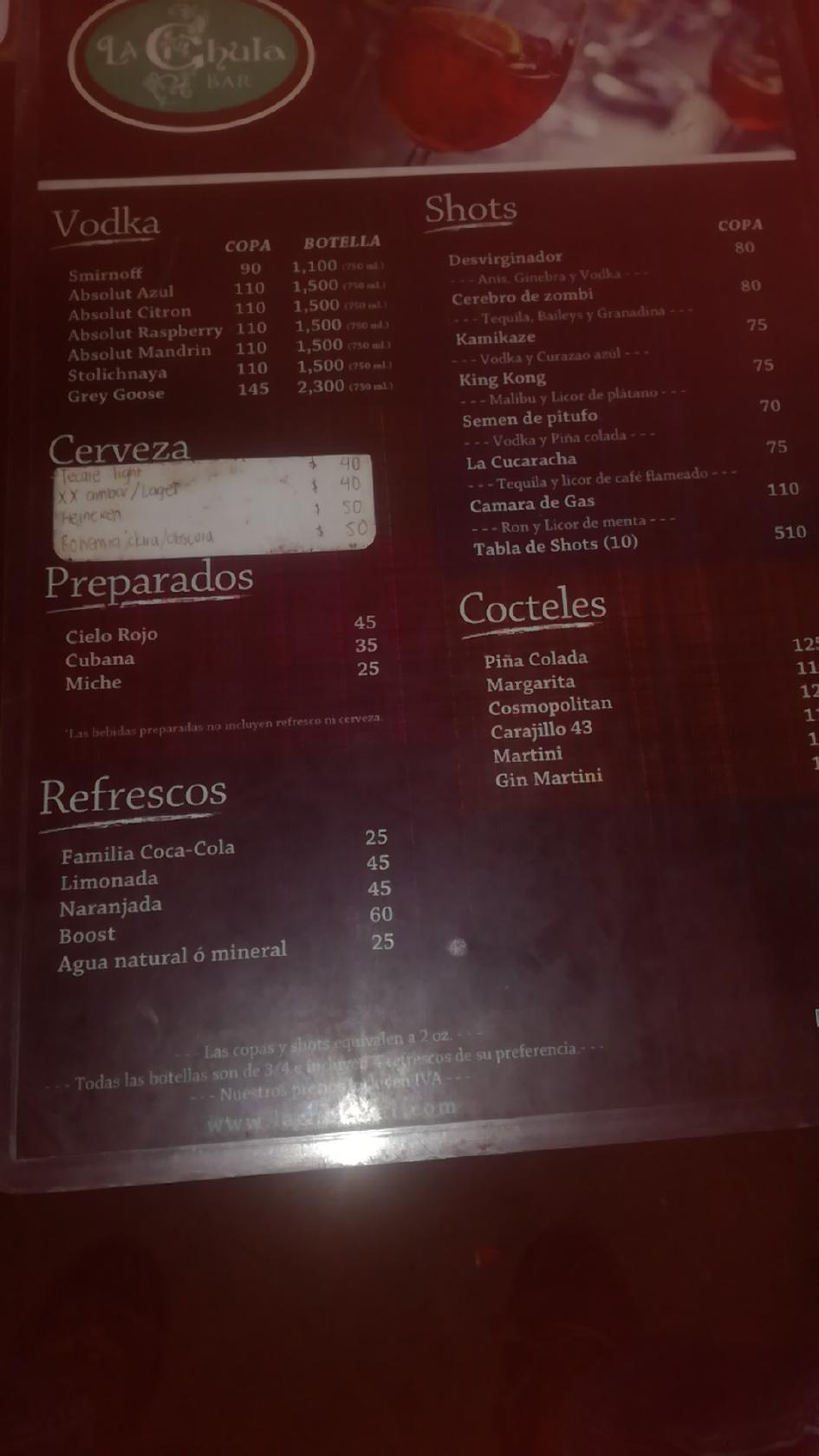Menu at La Chula pub & bar, San Miguel de Allende, Umarán 10