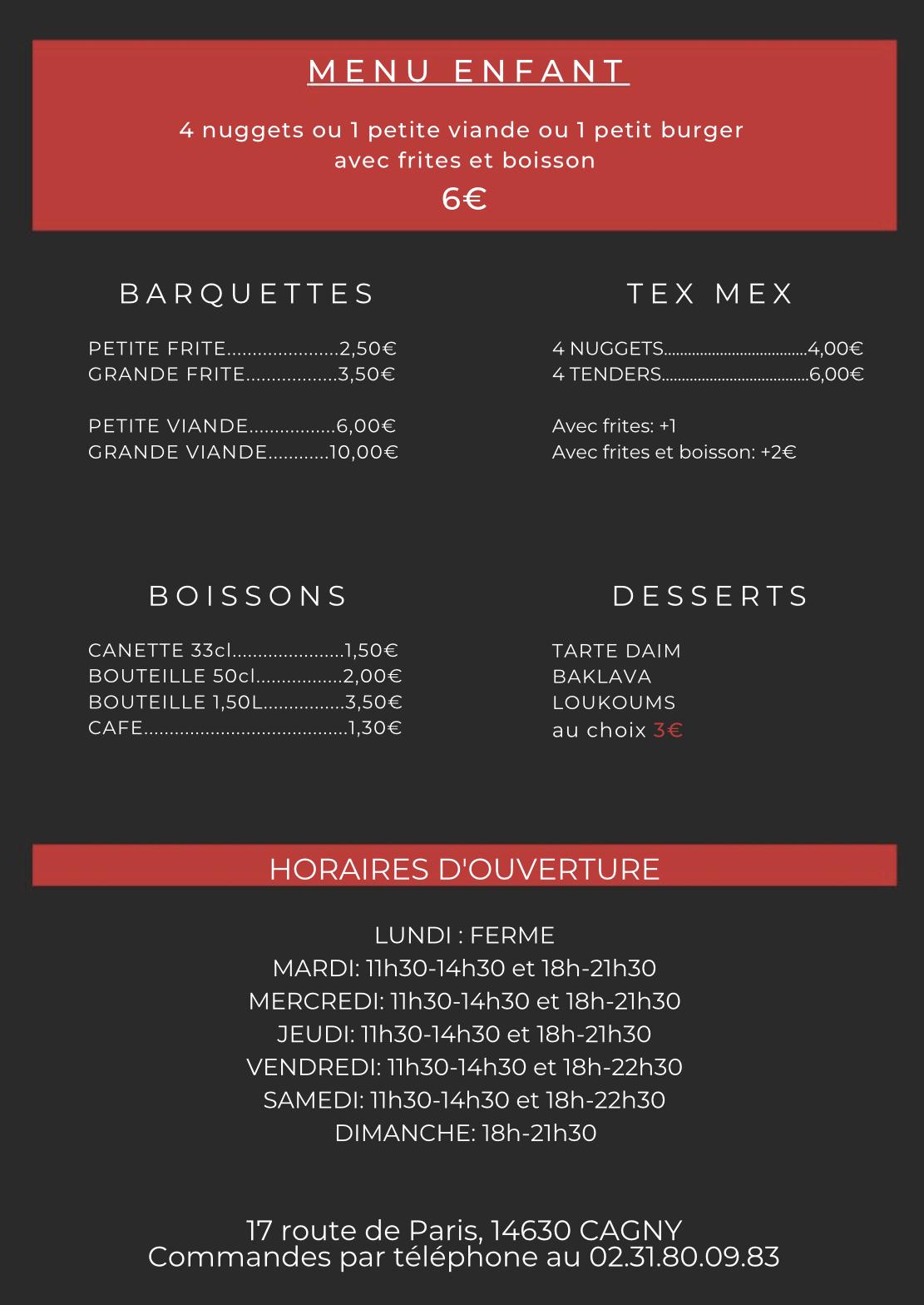 Menu au Le Petit Gourmand Kebab fast food, Cagny