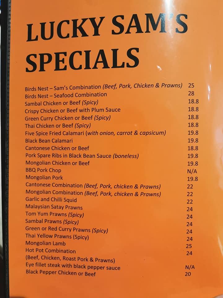 Carta del restaurante Lucky Sam's, Broadford