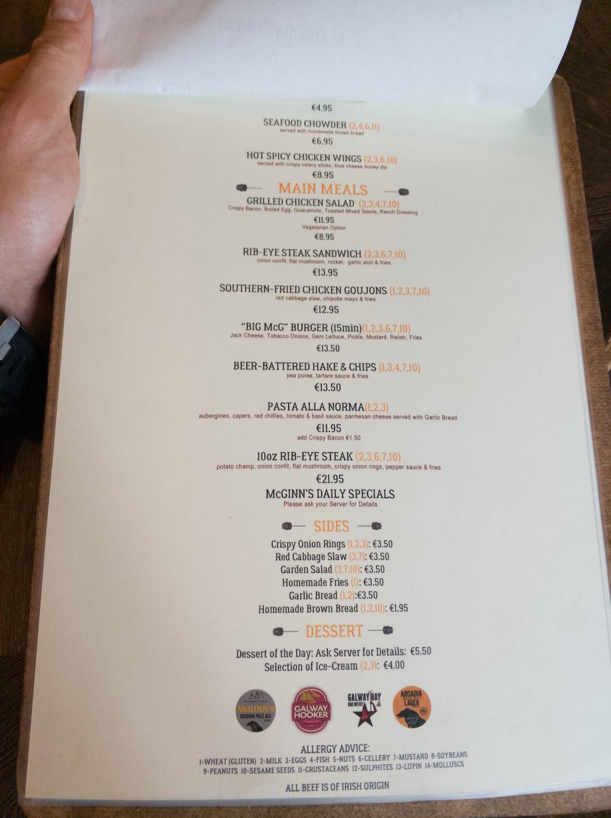 Menu at McGinn's Hop House pub & bar, Galway