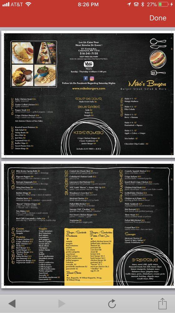 Menu at mikes burgers steakhouse, Cedarhurst, 531 Central Ave
