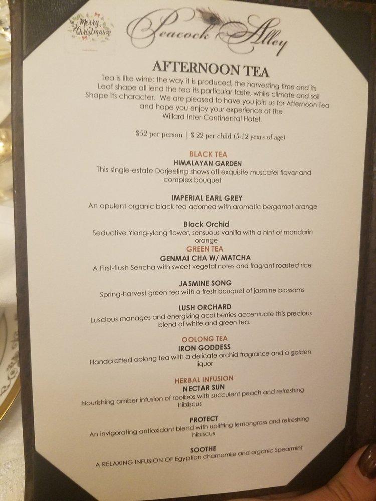 Carta del restaurante Willard Peacock Alley Tea, Washington D. C.