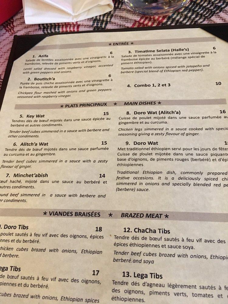 Carta de Restaurant Queen Sheba, Montreal
