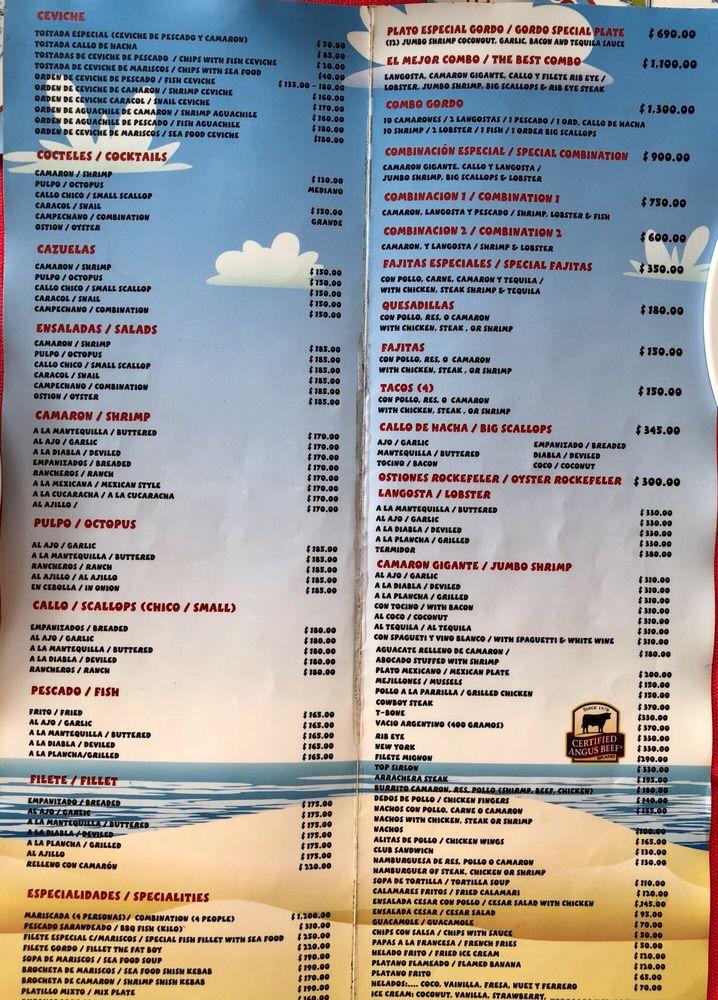 Menu at The Fat Boy Seafood restaurant, Bucerías