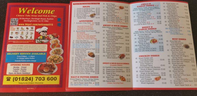 Menu at Welcome Chinese Take Away restaurant, Ruthin