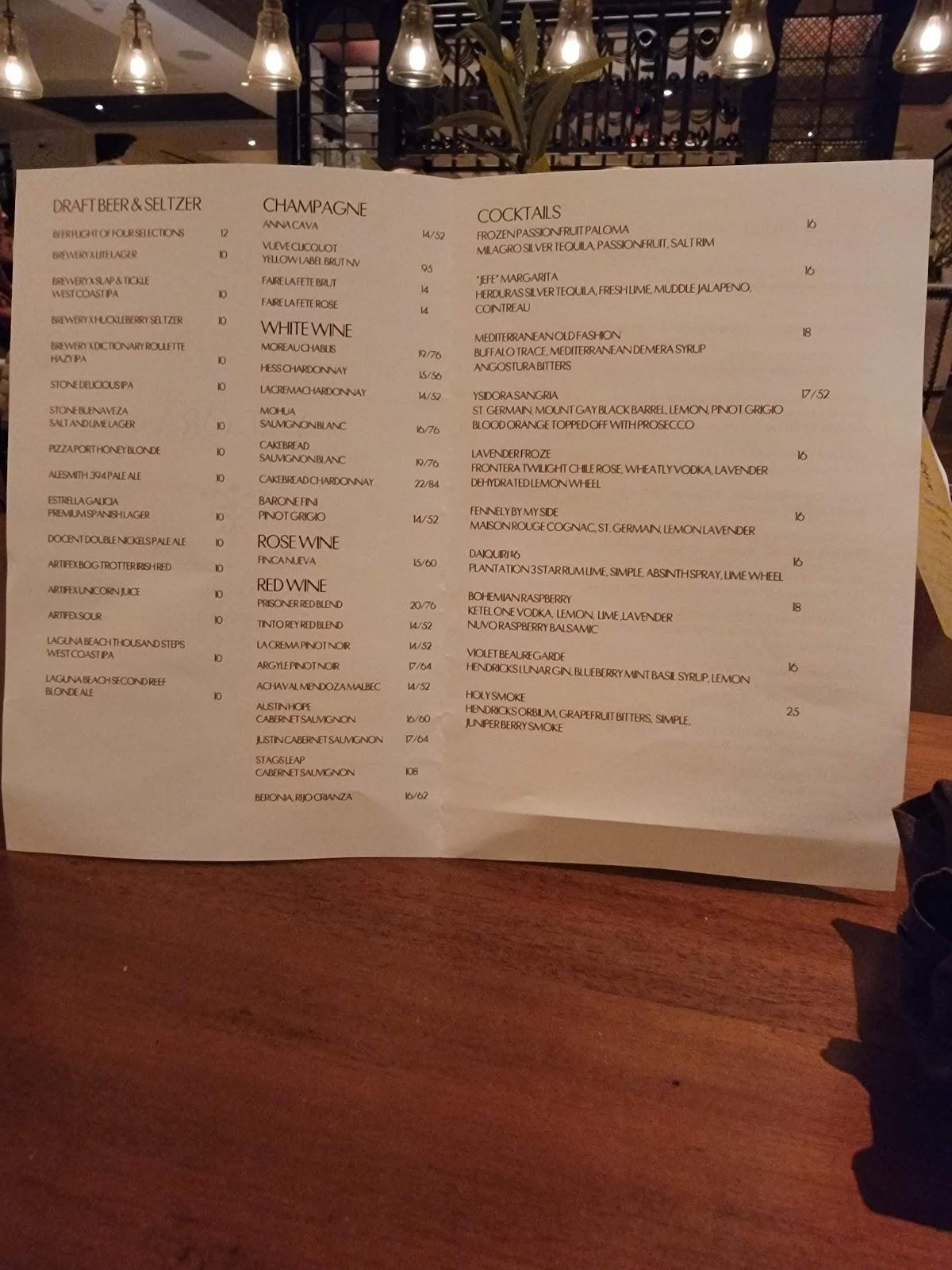 Carta de Ysidora Restaurant and Lounge, San Juan Capistrano