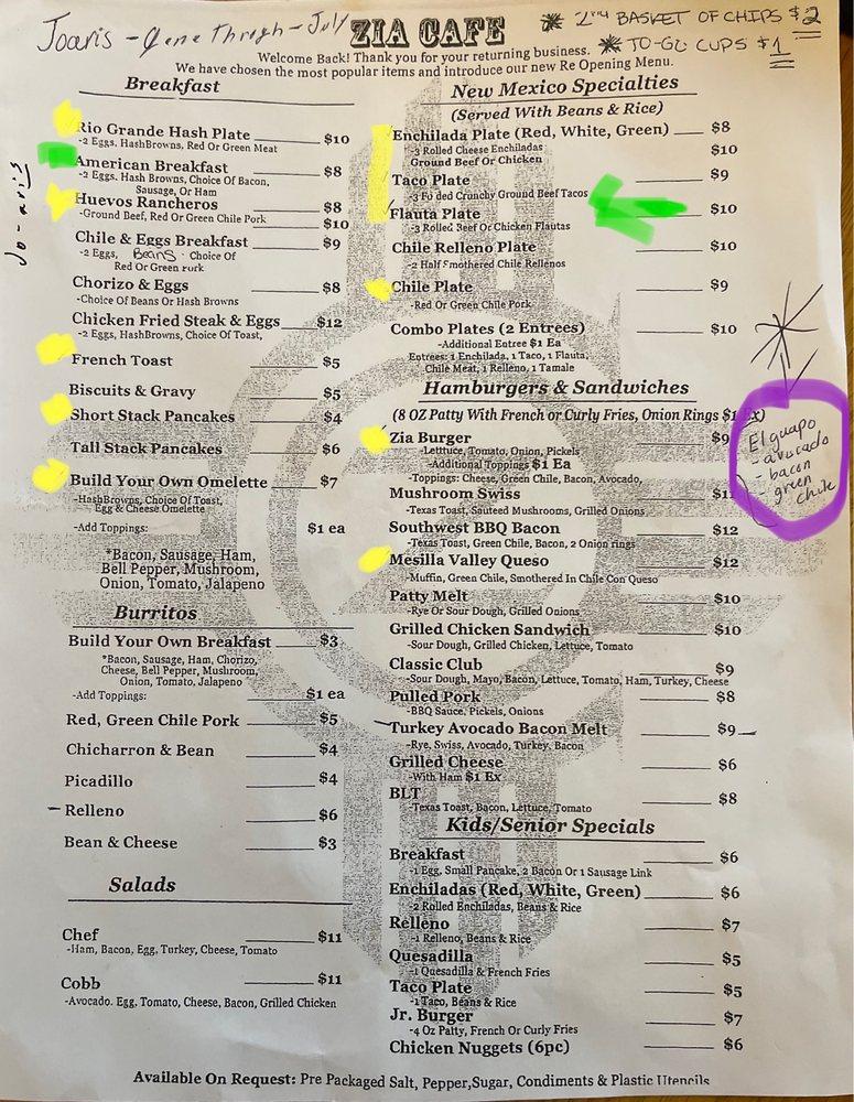 Menu at Zia Cafe, Las Cruces