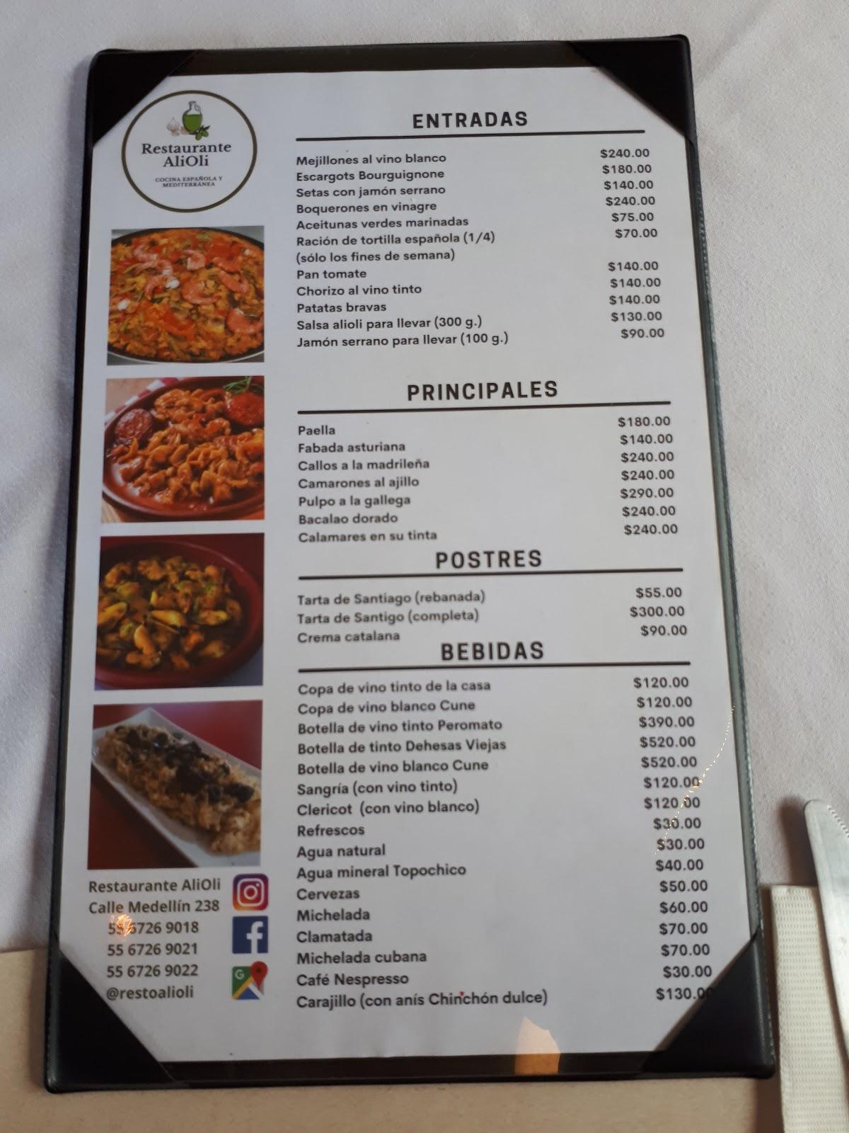 Carta de Restaurante AliOli, Ciudad de México, Medellín 238