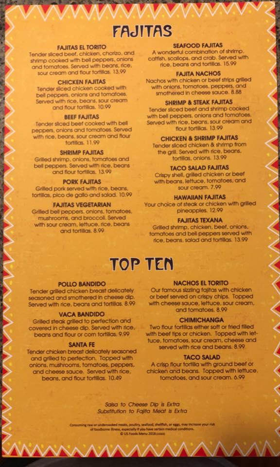 Menu at EL TORITO MEXICAN RESTAURANT, Logan