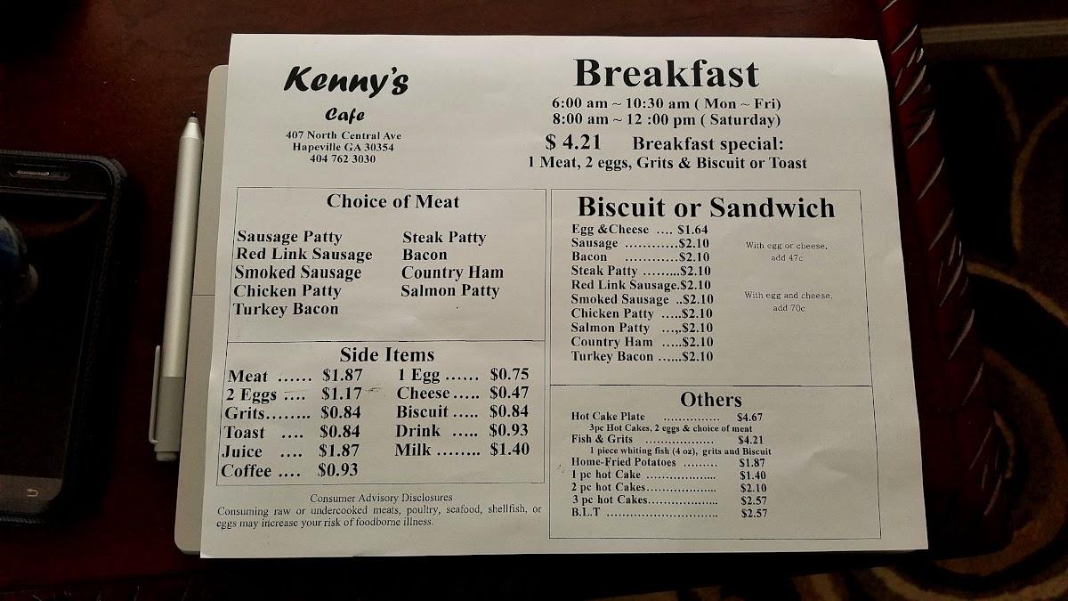 Menu at Kenny's Cafe, Hapeville