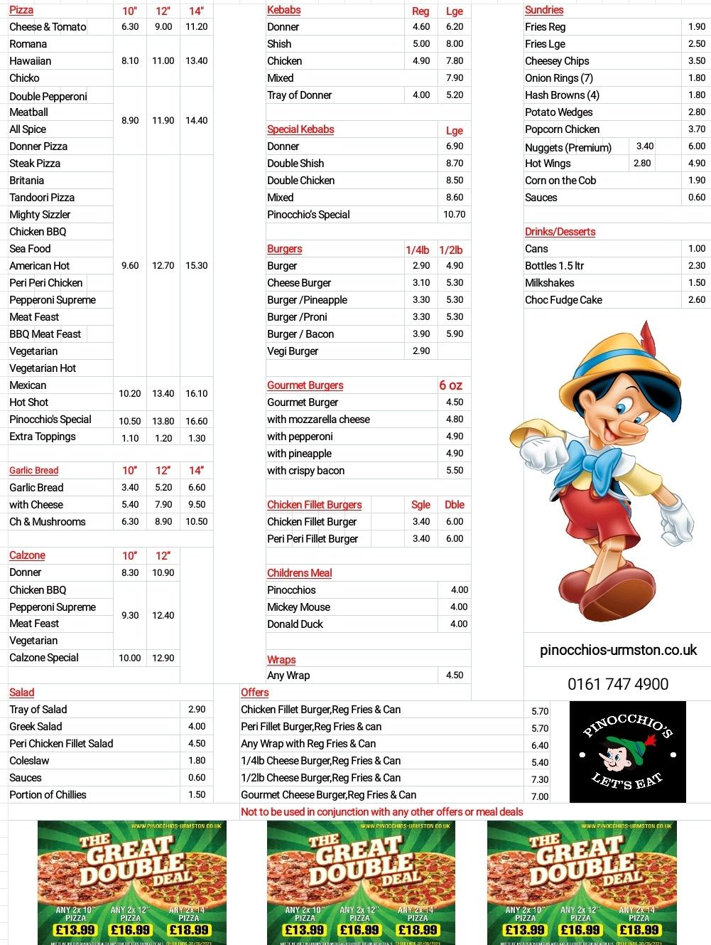 Menu at Pinocchio's Urmston fast food, Manchester, 10 Station Rd