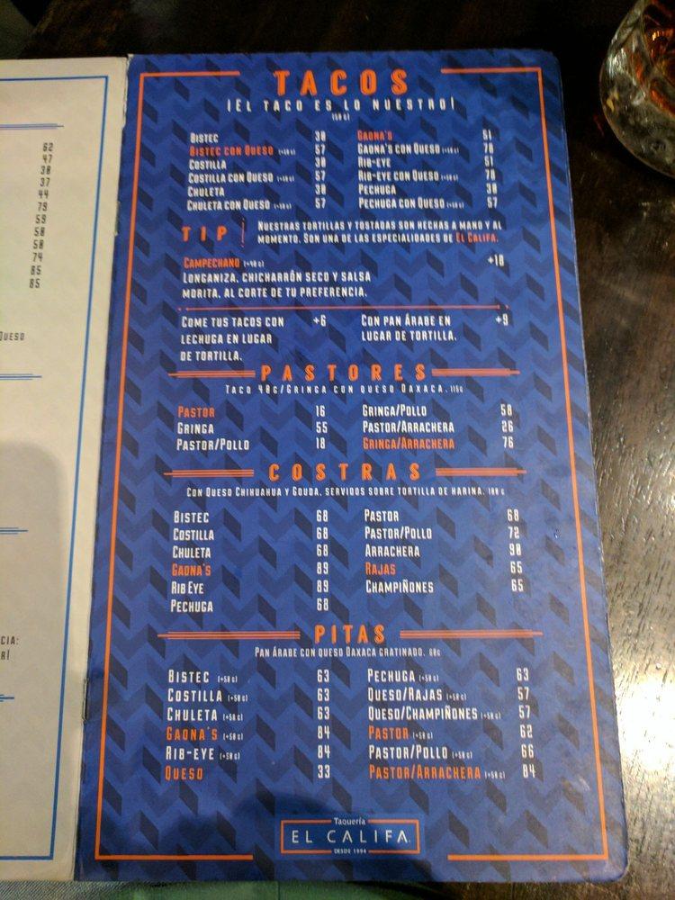 Menu at Taquería El Califa restaurant, Mexico City, Av. P.º de la ...