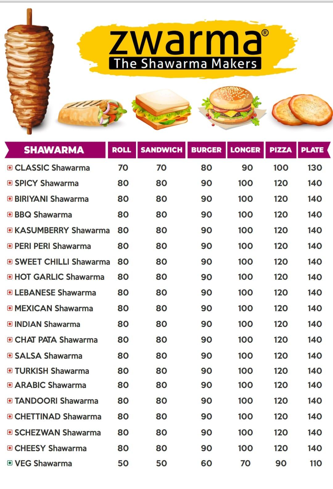 Menu at ZWARMA { THE SHAWARMA MAKERS }, Chennai, 2/9A
