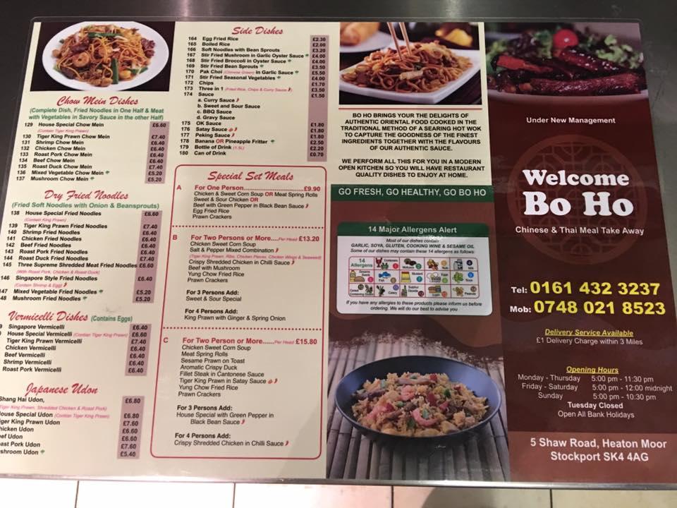 Menu at Bo Ho Chinese Take Away restaurant, Hatton Vale