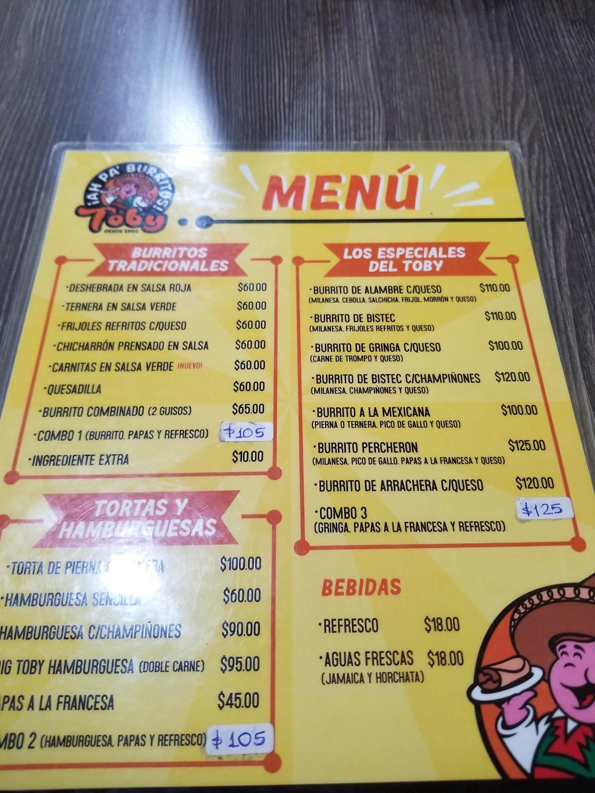 Carta del restaurante Burritos Toby, Saltillo, Calle Ignacio Allende 228
