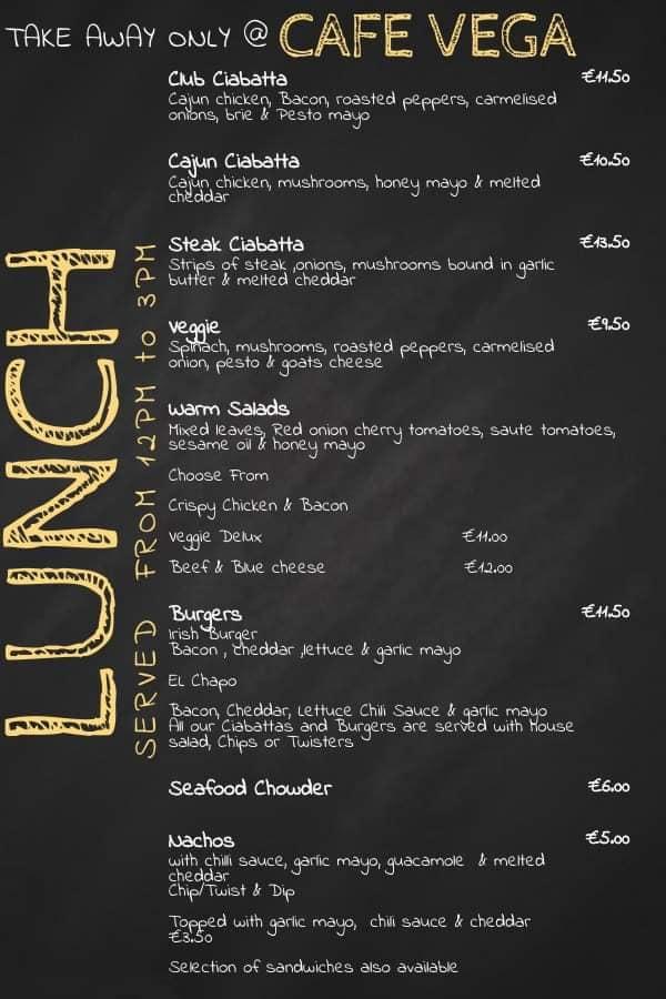 Menu at Cafe Vega, Cobh, 6 Casement Square