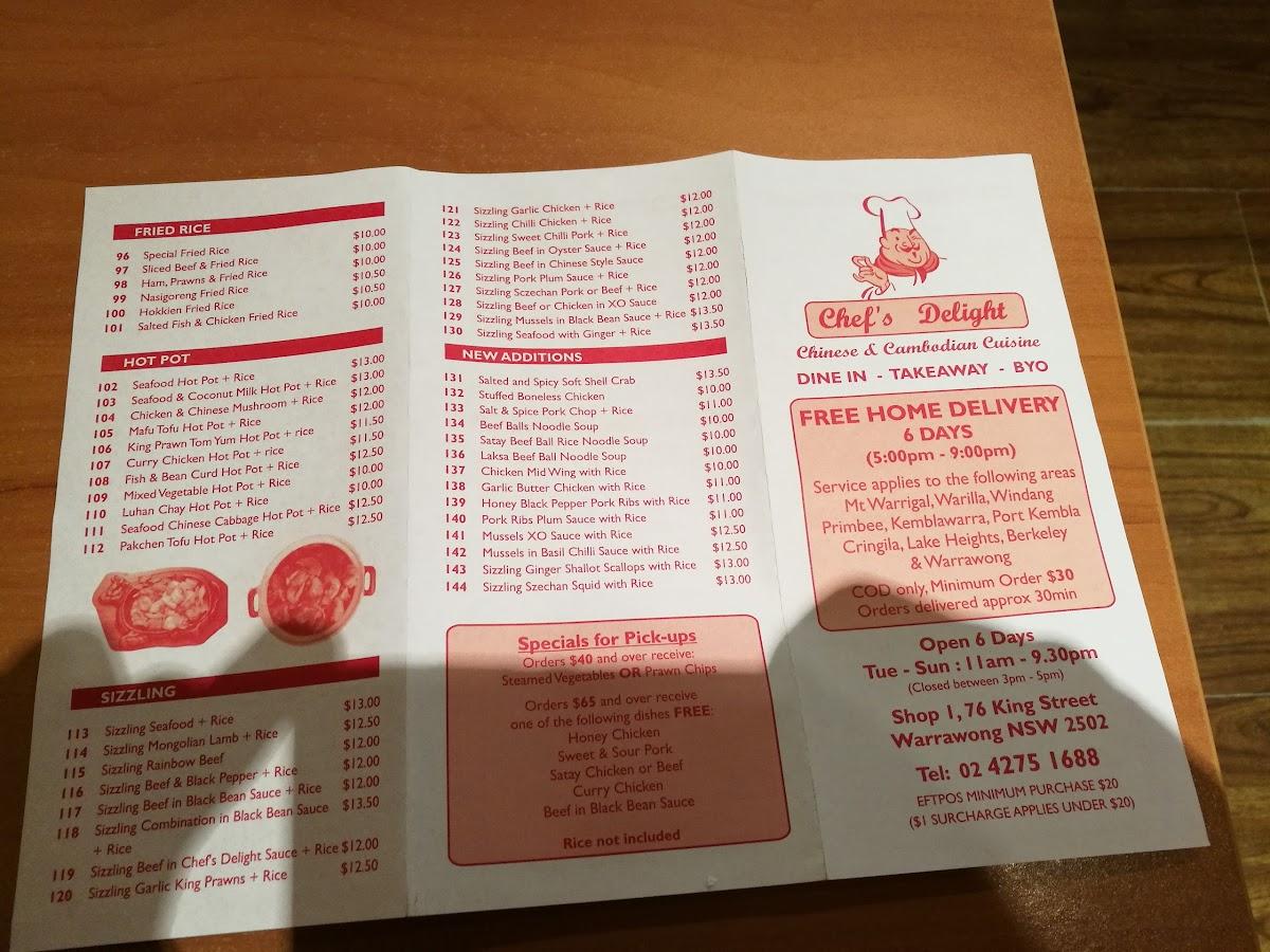 Menu at Chefs Delight Chinese Cuisine restaurant, Warrawong