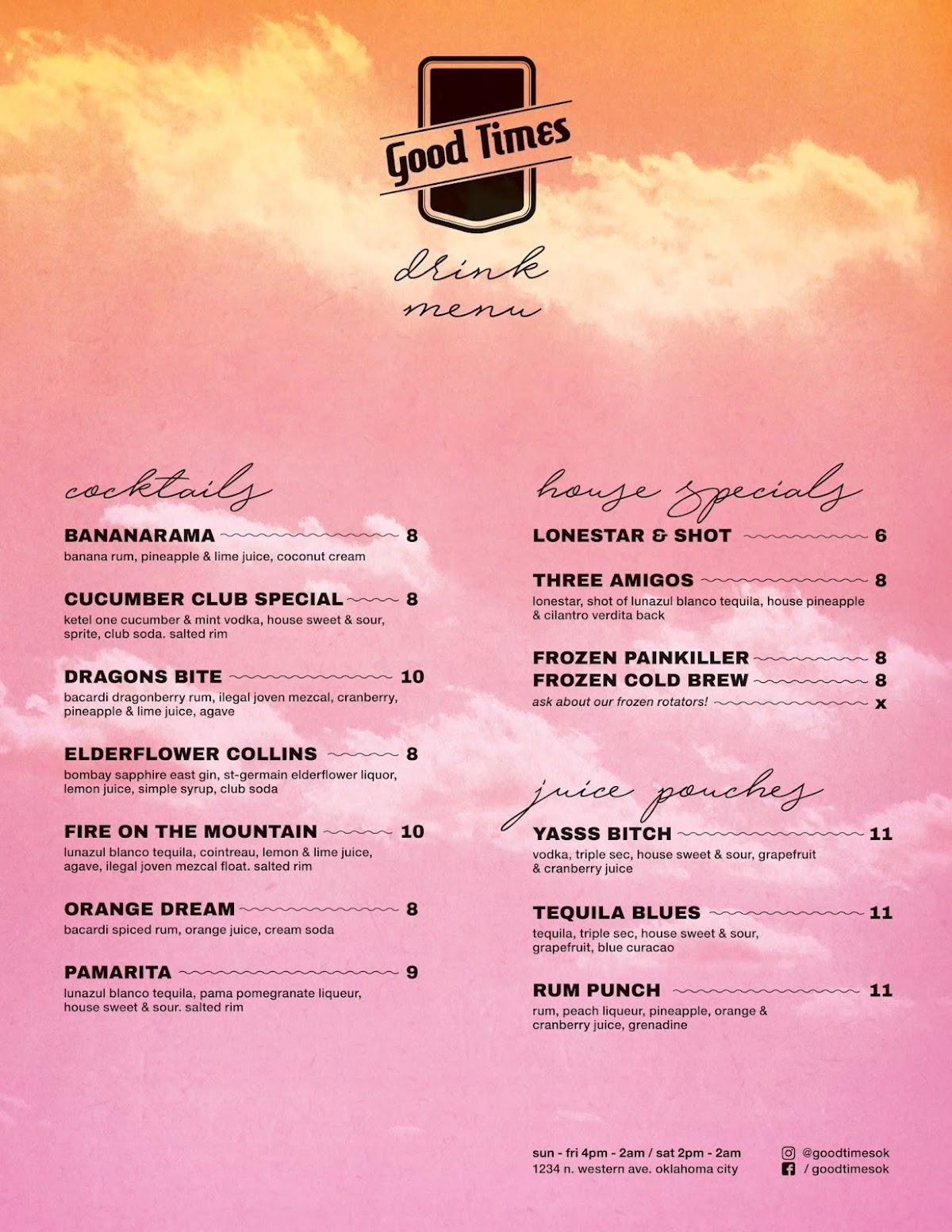 Menu at Good Times pub & bar, Oklahoma City
