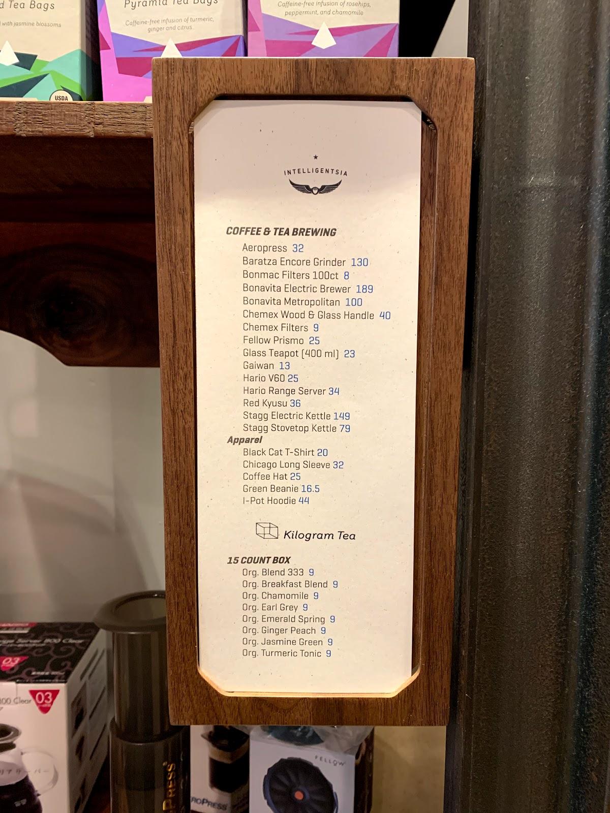 Carta de Intelligentsia Coffee Millennium Park Coffeebar, Chicago, 53 E ...