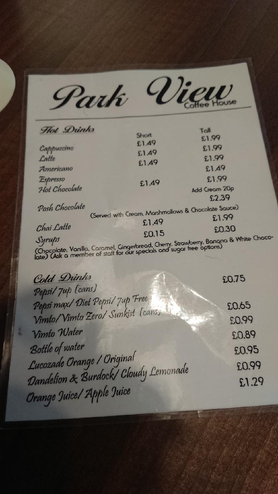 Menu at Park View Coffee House, Cadishead