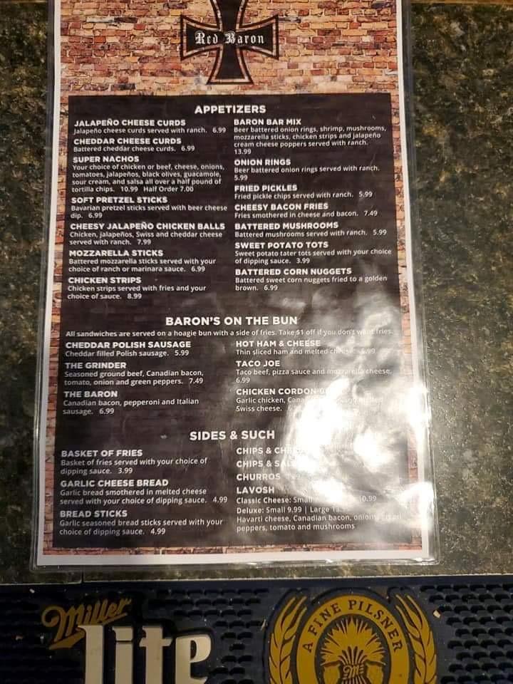 Menu at Red Baron, Casselton